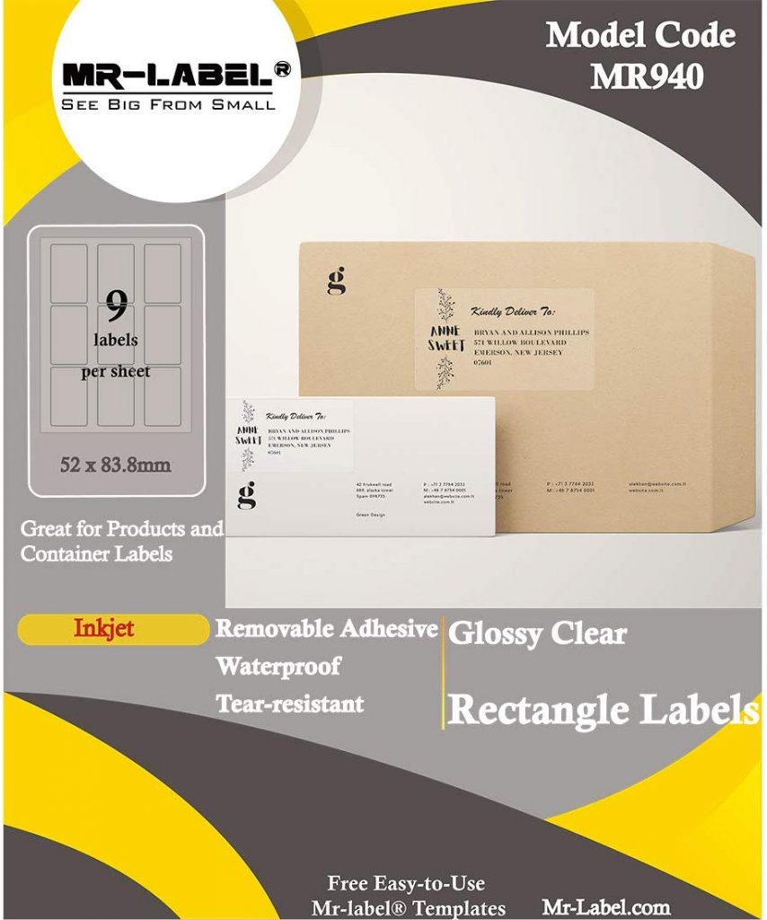 Mr-Label 52 x 83.8mm Glossy Clear Rectangle Labels for Inkjet Printer ...